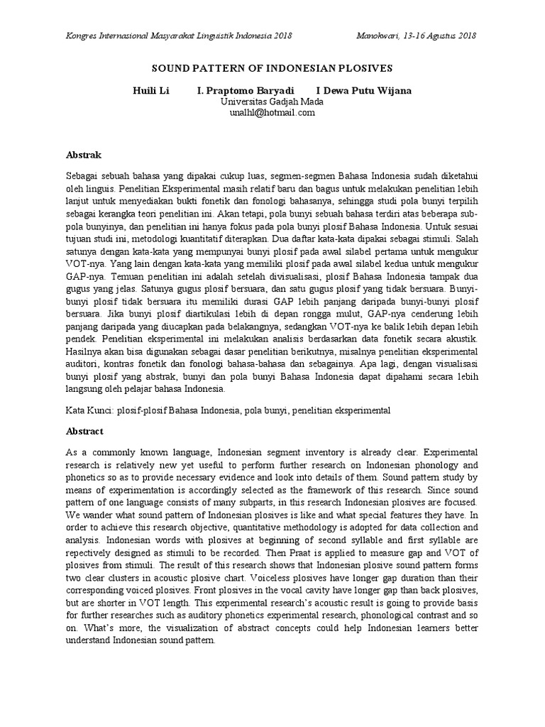 Sound Pattern of Indonesian Plosives | PDF | Seni & Disiplin Bahasa | Kajian Bahasa Asing