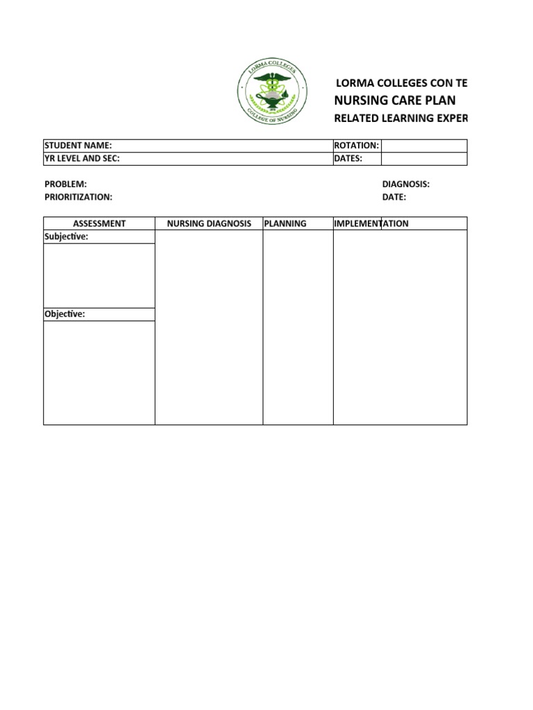 Nursing Care Plan: Lorma Colleges Con Template Related Learning ...