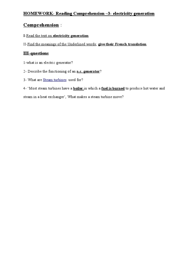 HOMEWORK - Reading Comprehension - 3 - Electricity Generation | PDF