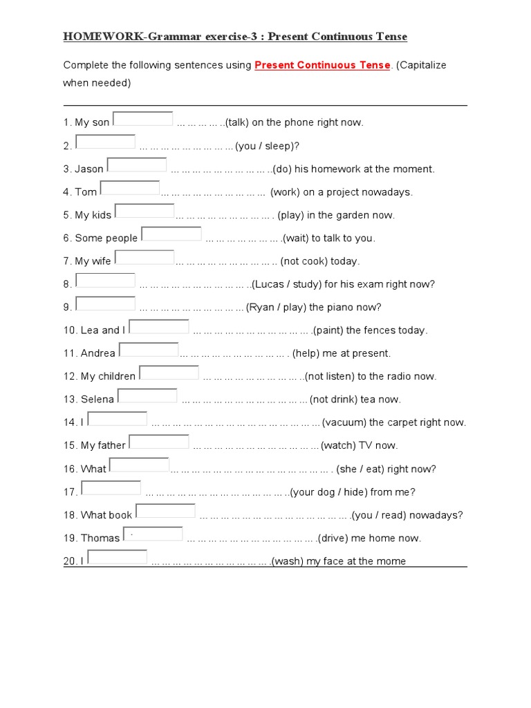 Homework Grammar Exercise 3 Present Continuous Tense Pdf