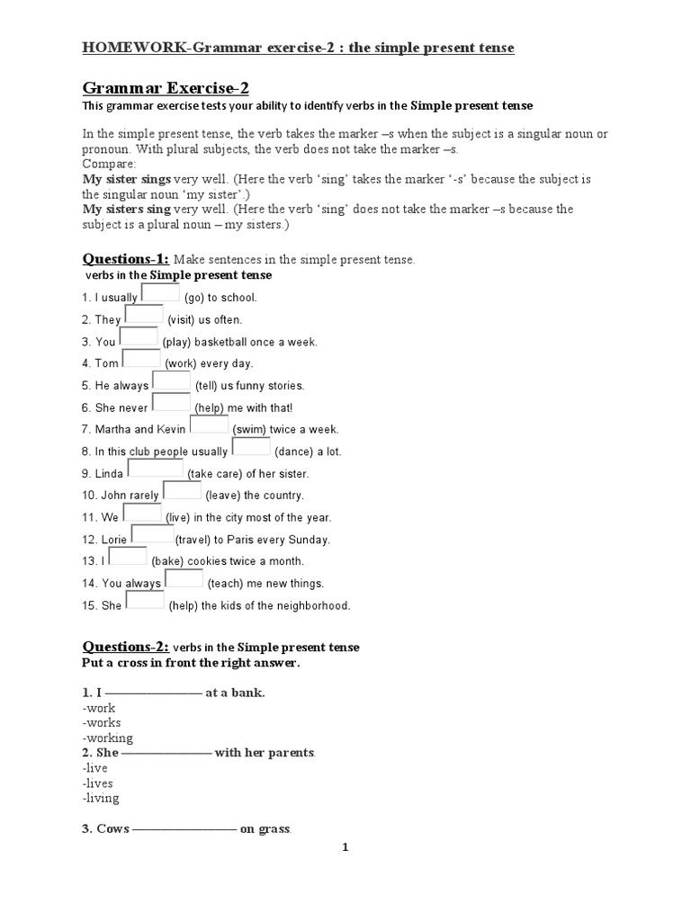 HOMEWORK-Grammar Exercise-2: The Simple Present Tense | PDF