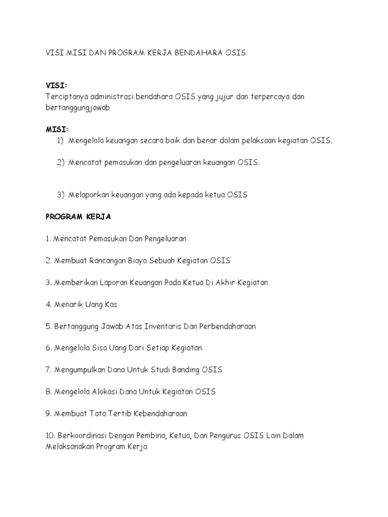 Visi Misi Dan Program Kerja Bendahara Osis | PDF