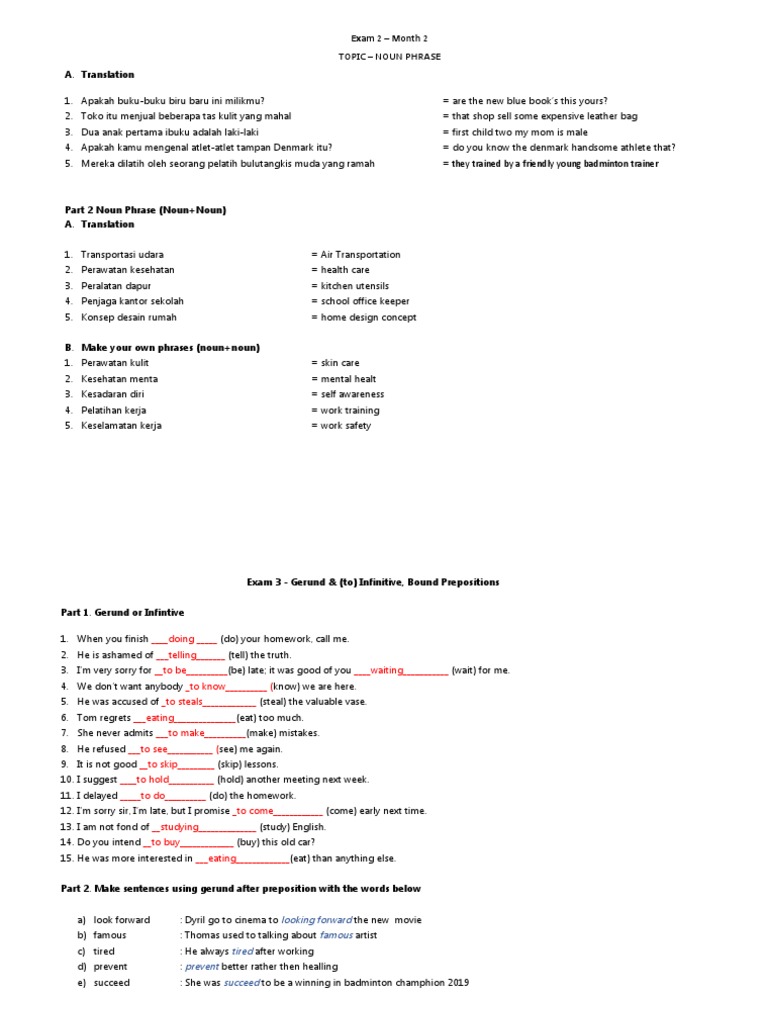 Exam 2 and 3 Noun Phrase, Gerund, To Infinitive, Bound Prepositions ...