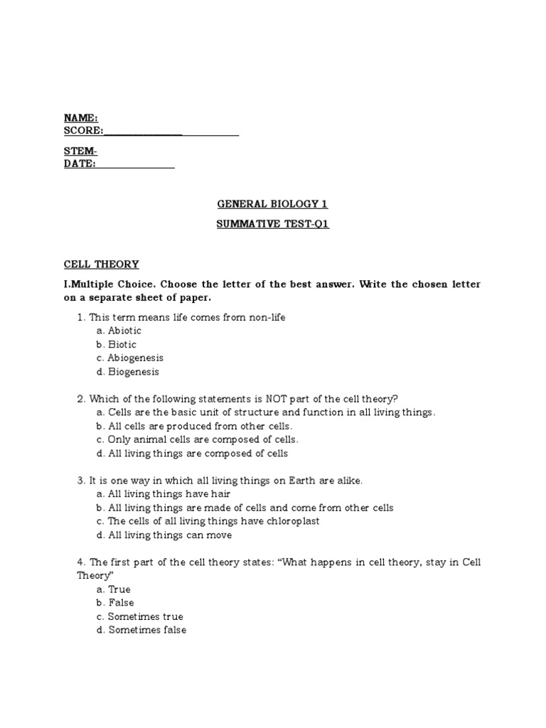 Summative Test Genbio 1 Q1 | PDF | Meiosis | Mitosis
