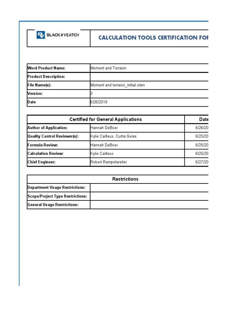 Calculation Tools Certification Form: Certified For General ...