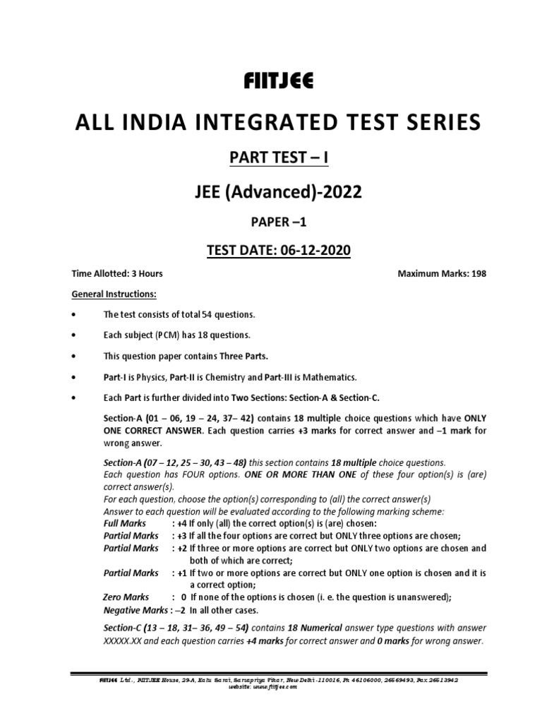 FIITJEE AITS JEE Adv Part-1 Paper-1 | PDF | Circle | Force