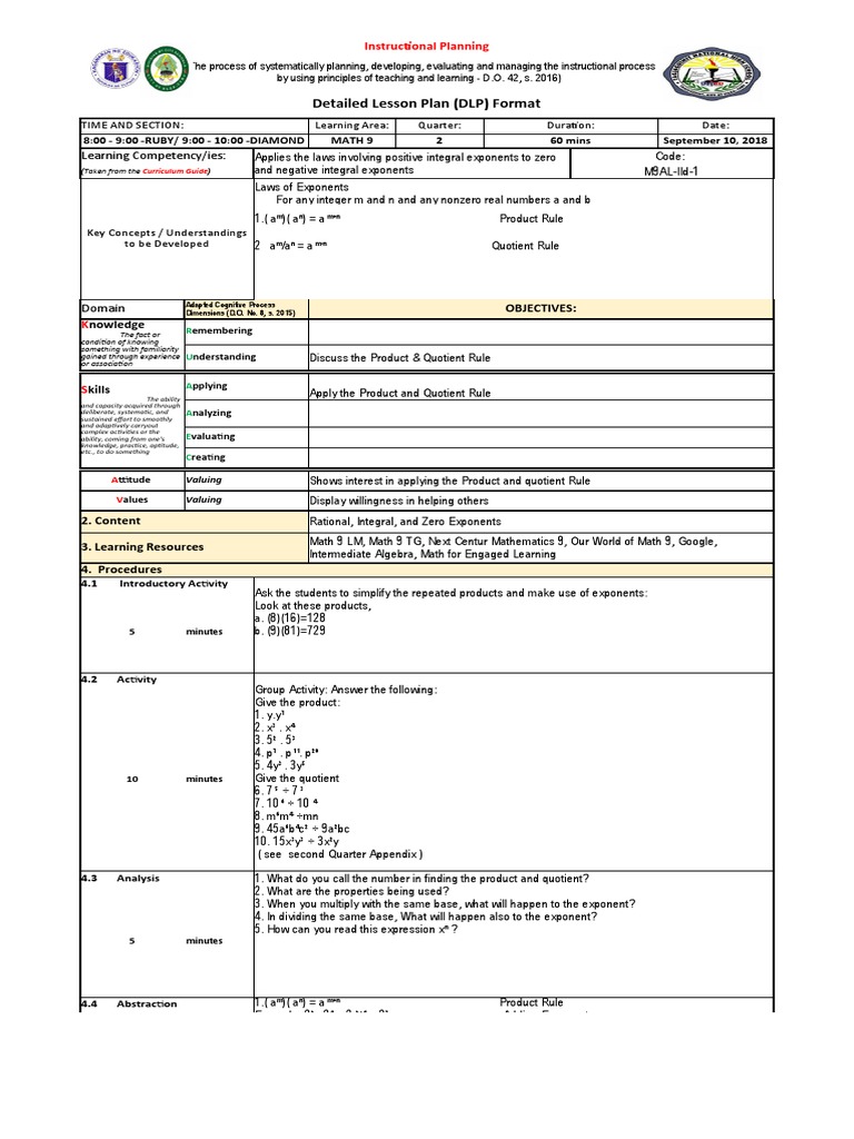 Detailed Lesson Plan (DLP) Format: Objectives: Nowledge | PDF ...