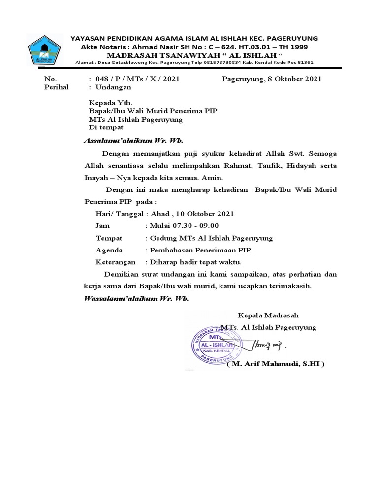 Surat Undangan Rapat PIP | PDF