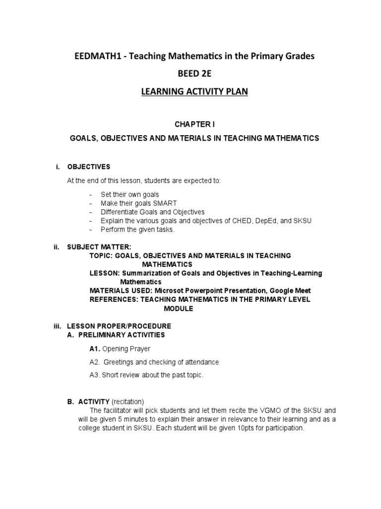 EEDMATH1 - Teaching Mathematics in The Primary Grades Beed 2E Learning Activity Plan | PDF ...