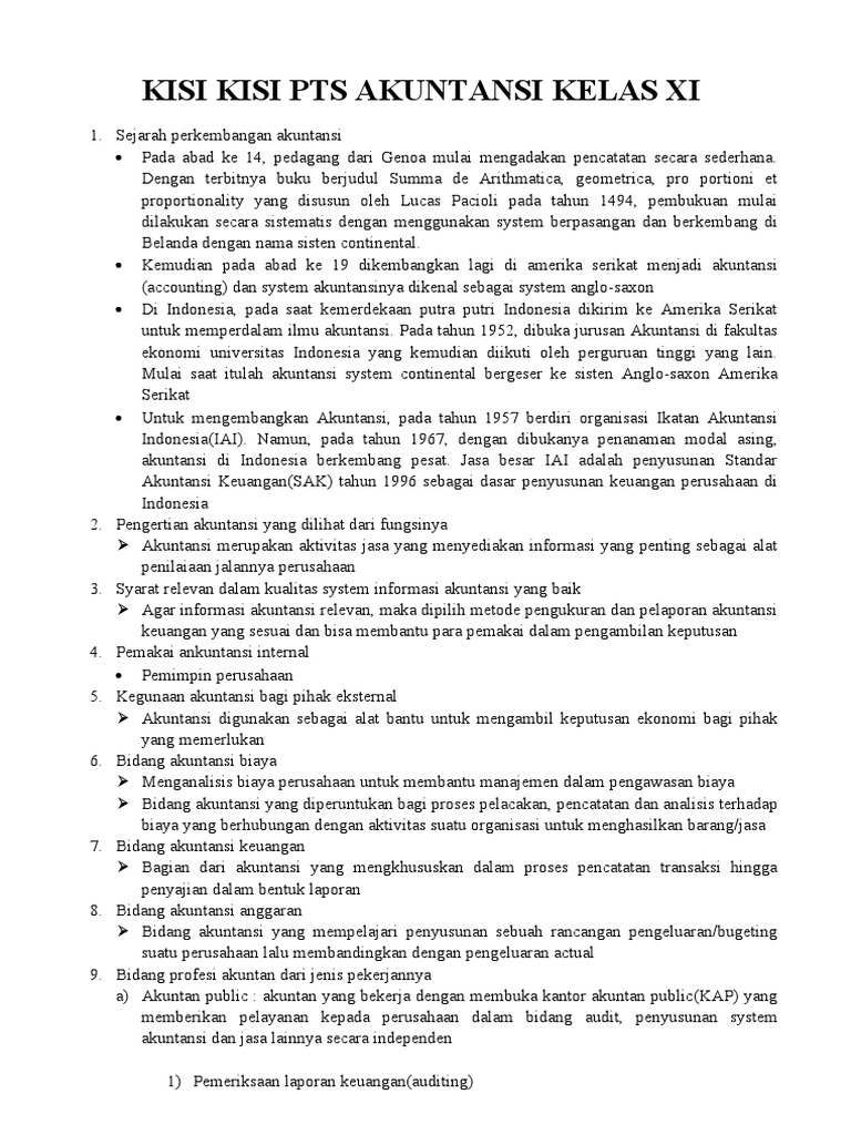 Kisi Kisi PTS Akuntansi Kelas Xi | PDF | Pengelolaan Keuangan & Uang