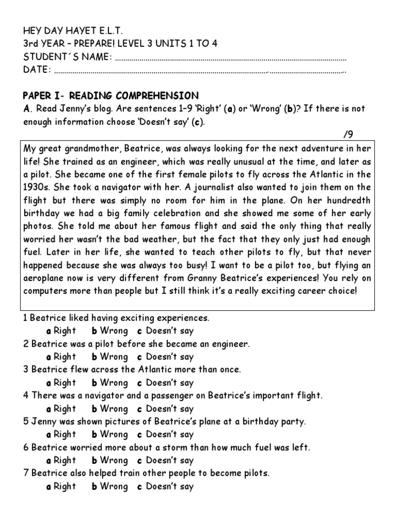 3rd Year Test Units 1 To 4 | PDF