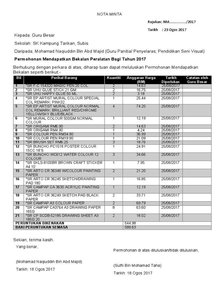 Nota Minta PSV | PDF