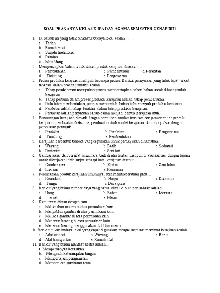 Soal Prakarya Kelas X Semester Genap 2021 | PDF | Seni