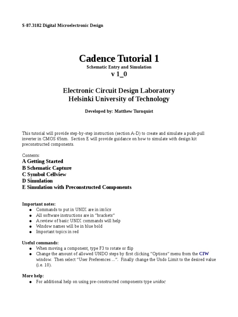 Cadence Tutorial 1: V 1 - 0 Electronic Circuit Design Laboratory ...