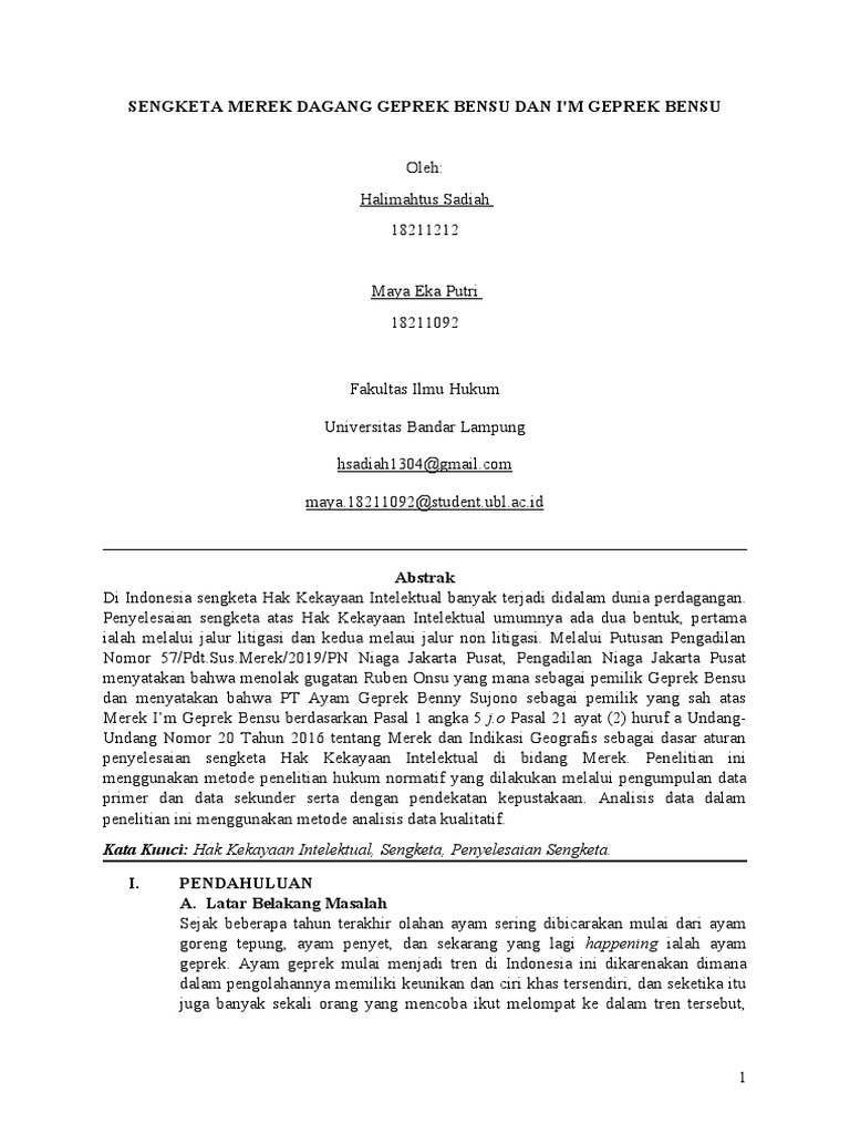 Sengketa Merek Dagang Geprek Bensu | PDF