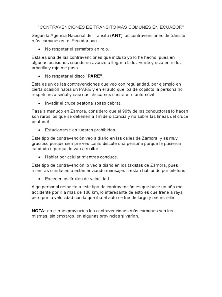 Contravenciones de Tránsito Más Comunes | PDF