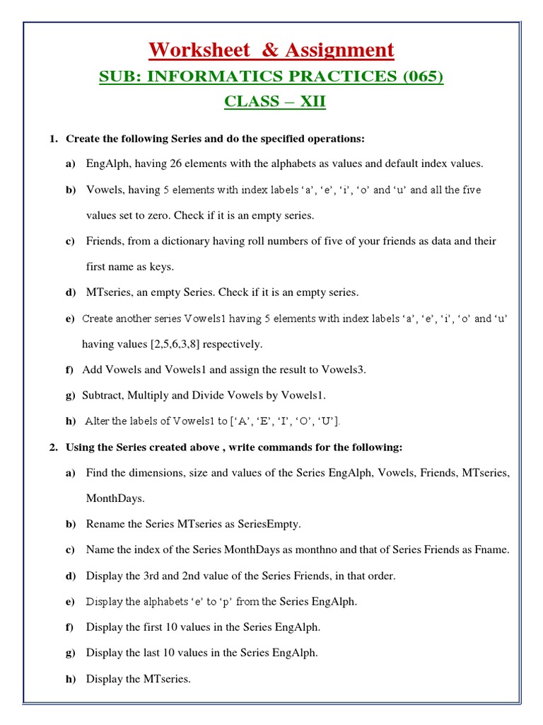 Worksheet & Assignment Class XII | PDF