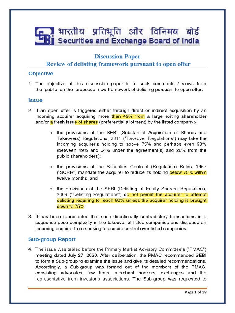 Consulation Paper On Review of Delisting Procedure Pursuant To Open ...