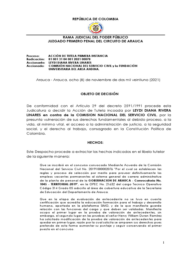 FalloTutela LEYDI DIANA RIVERA LINARES | PDF | Caso de ley | Derecho Constitucional