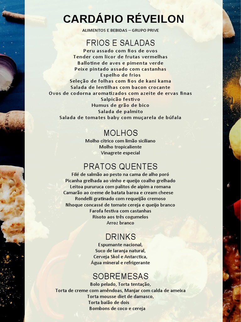 Menu Réveillon com entradas, pratos quentes e sobremesas | PDF
