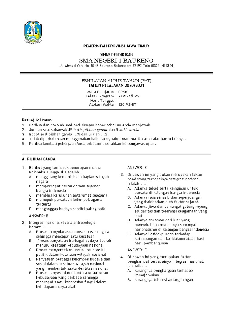 SOAL PAT PPKN X GENAP 2020-2021 | PDF