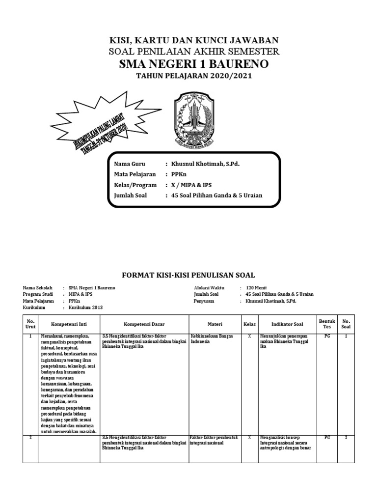 Kisi, Kartu Dan Kunci Jawaban PG 45 & 5 URAIAN | PDF