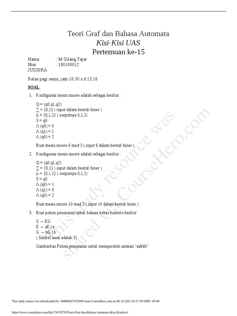 Teori Graf Dan Bahasa Automata Kisi Kisi | PDF