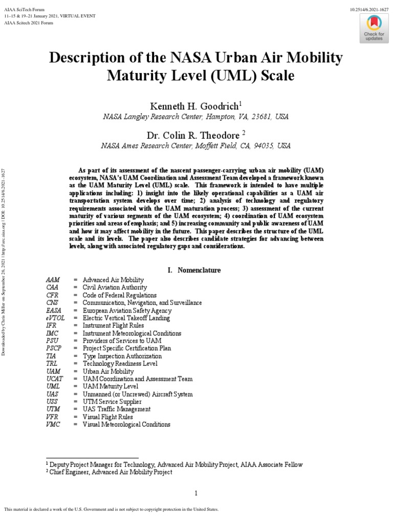 Description of The NASA Urban Air Mobility Maturity Level (UML) Scale ...