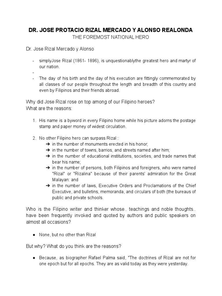 Dr. Jose Protacio Rizal Mercado Y Alonso Realonda | PDF | Philippines