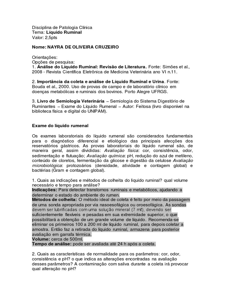 Análise do líquido ruminal: métodos, parâmetros avaliados e suas ...