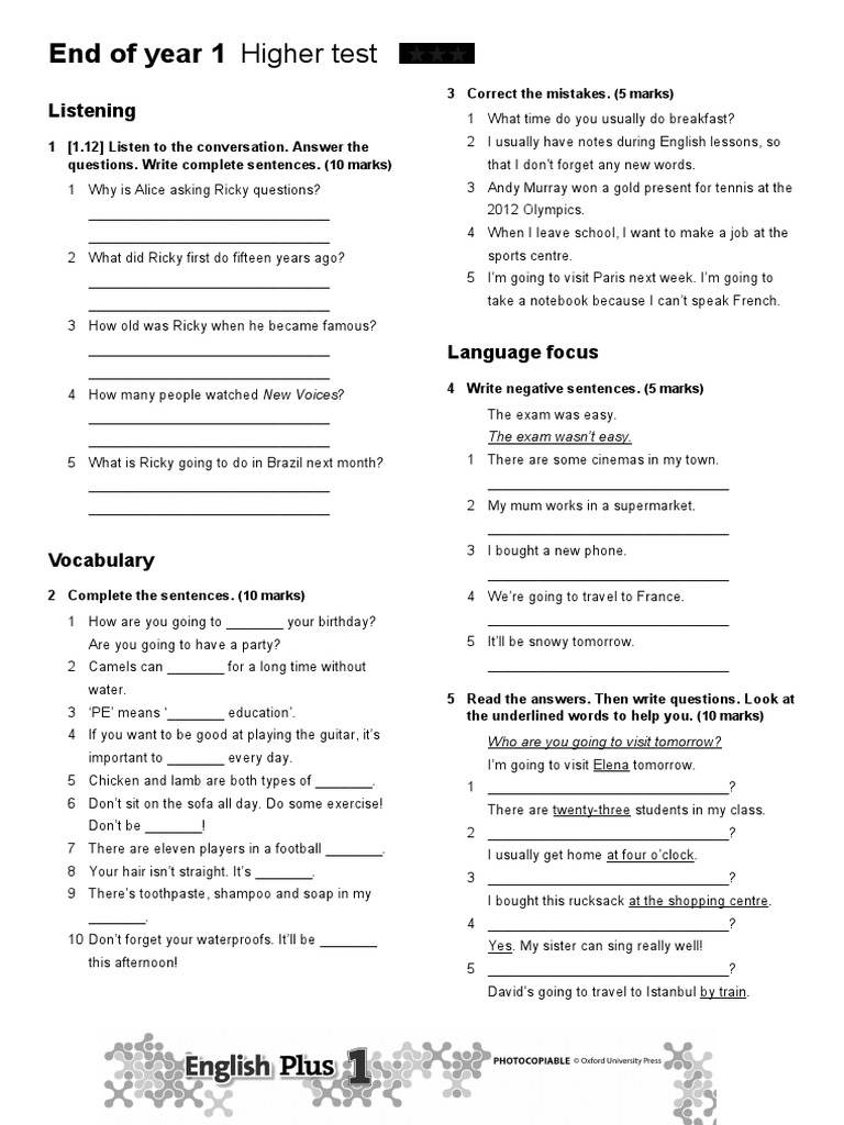 Year 1 English Test: Listening & Writing | PDF | English Language ...