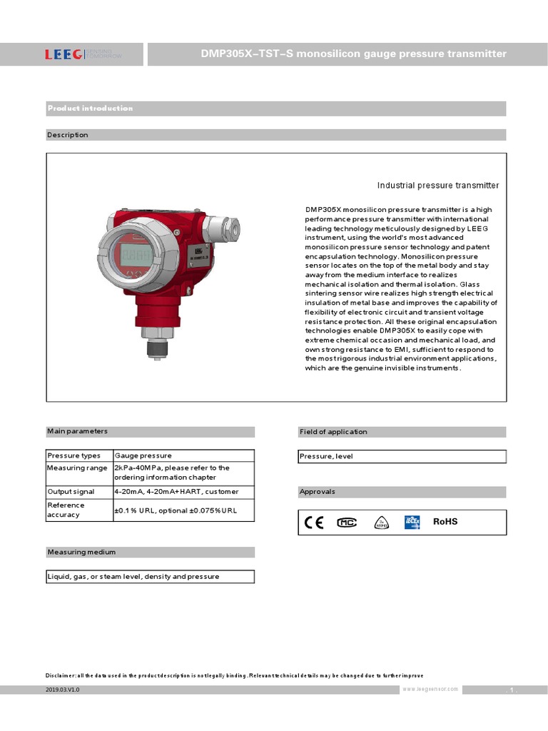 DMP305X-TST-S Monosilicon Gauge Pressure Transmitter: Product ...