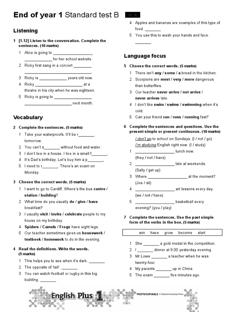 End of Year 1 Standard Test B: Listening | PDF