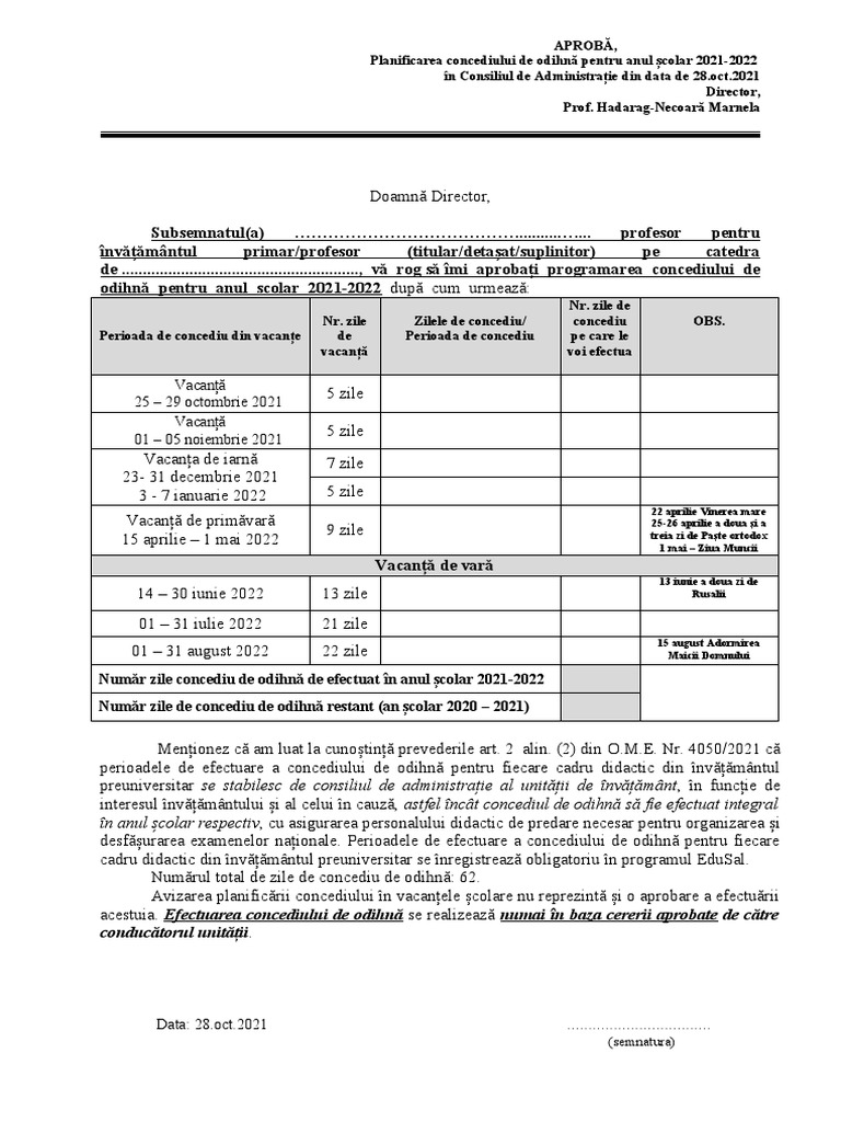 PLANIFICARE Concediu de Odihna 2021-2022 | PDF