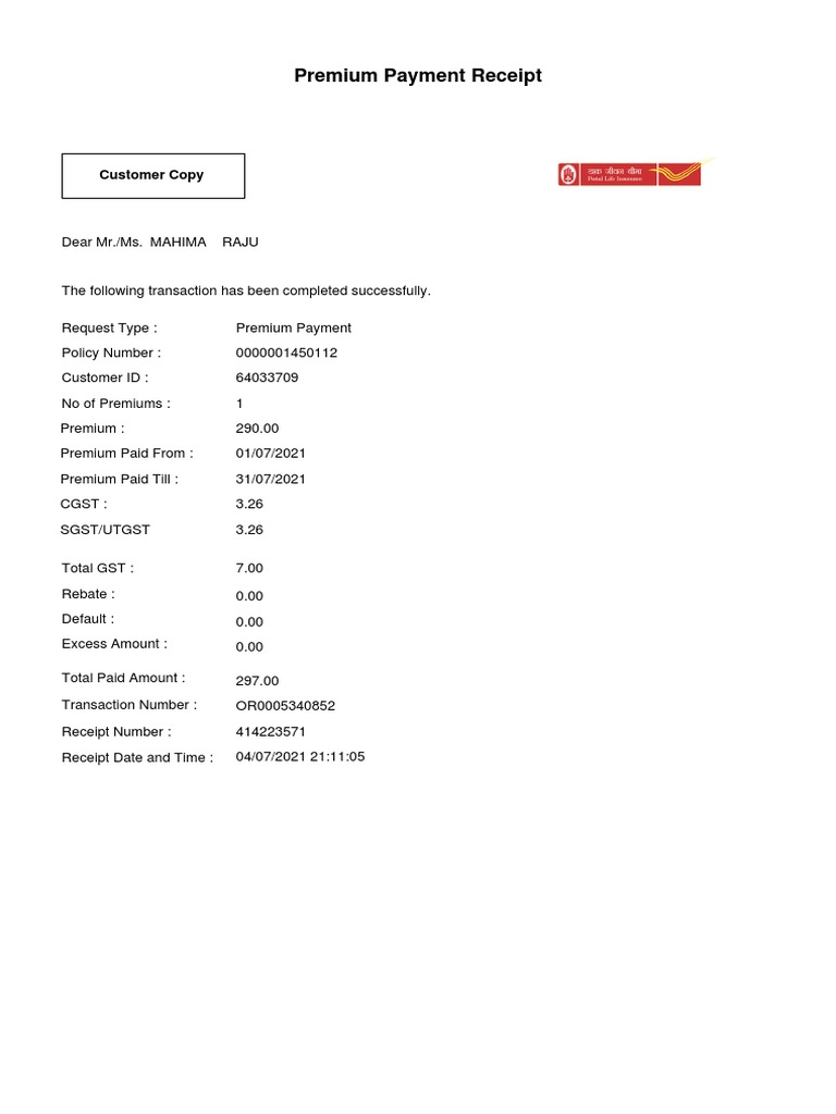 Premium Payment Receipt Details | PDF | Finance & Money Management | Law