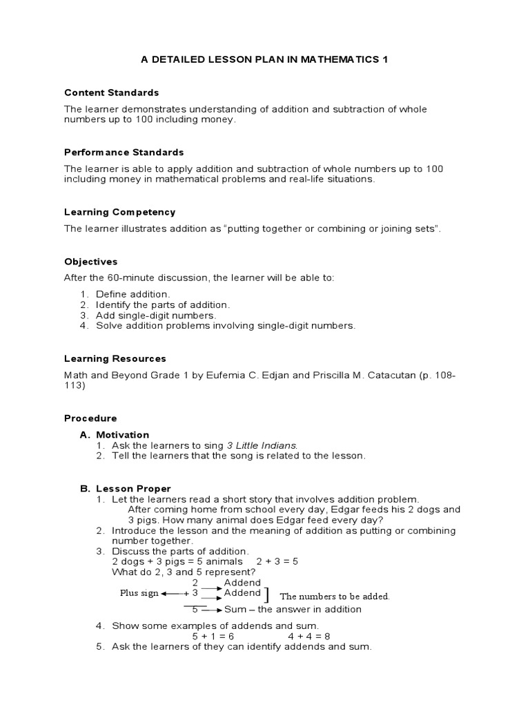 A Detailed Lesson Plan in Mathematics 1 | PDF | Learning | Teaching