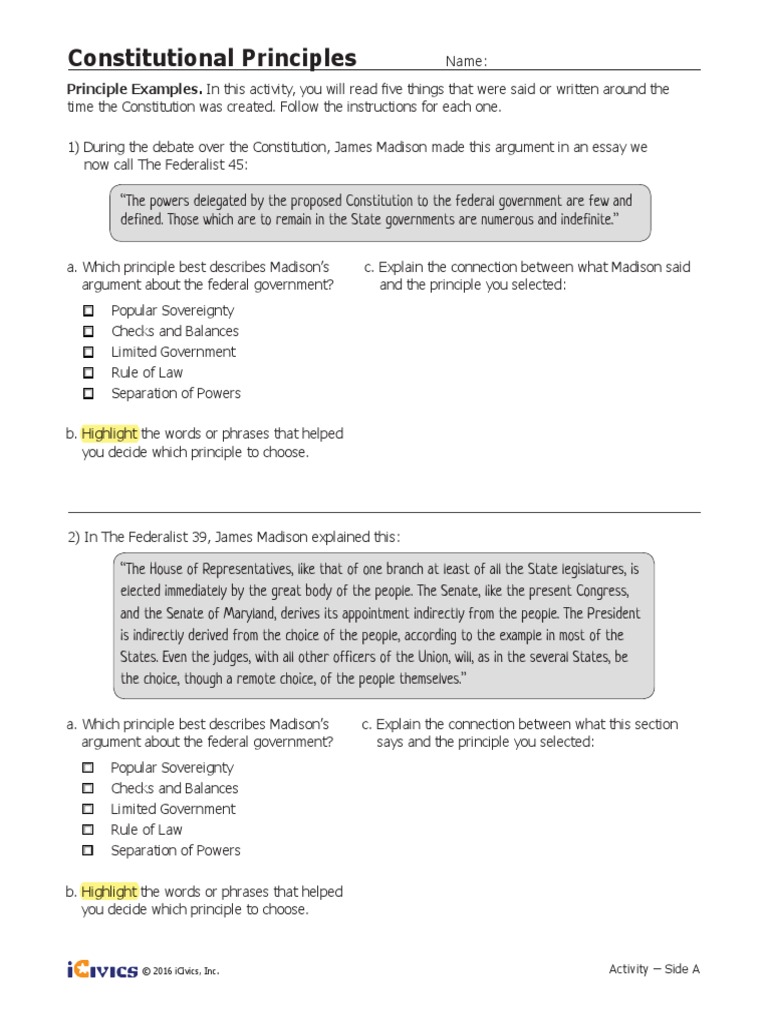 Constitutional Principles - Principle Examples Activity - Fillable ...
