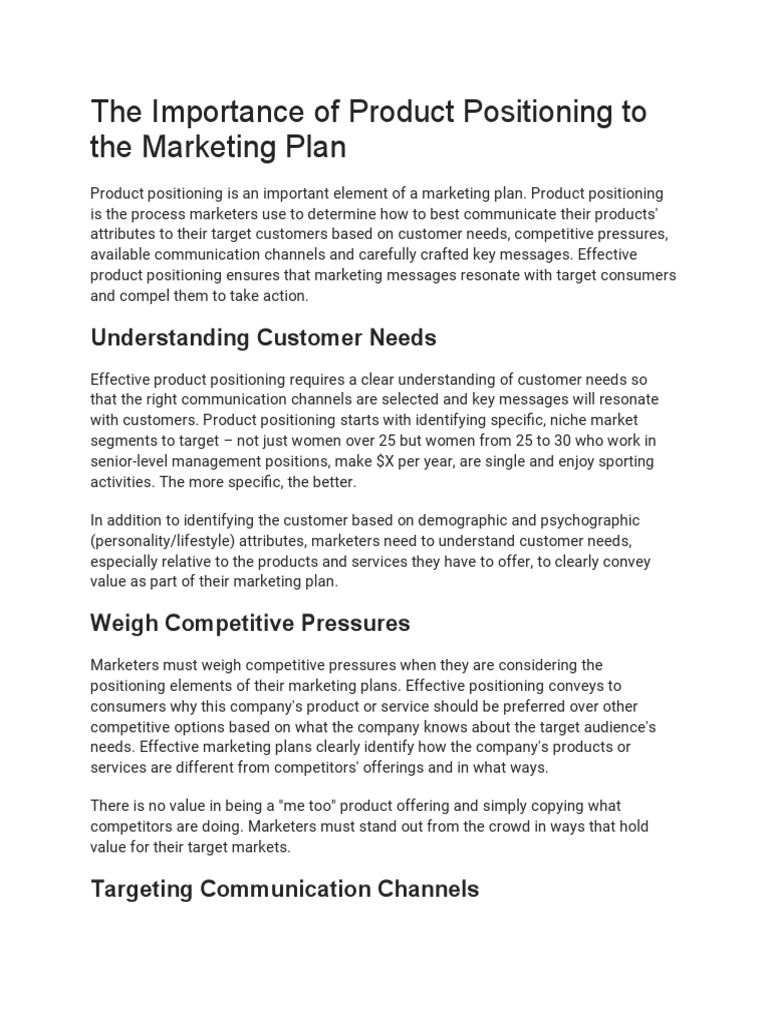 The Importance of Product Positioning To The Marketing Plan | PDF ...