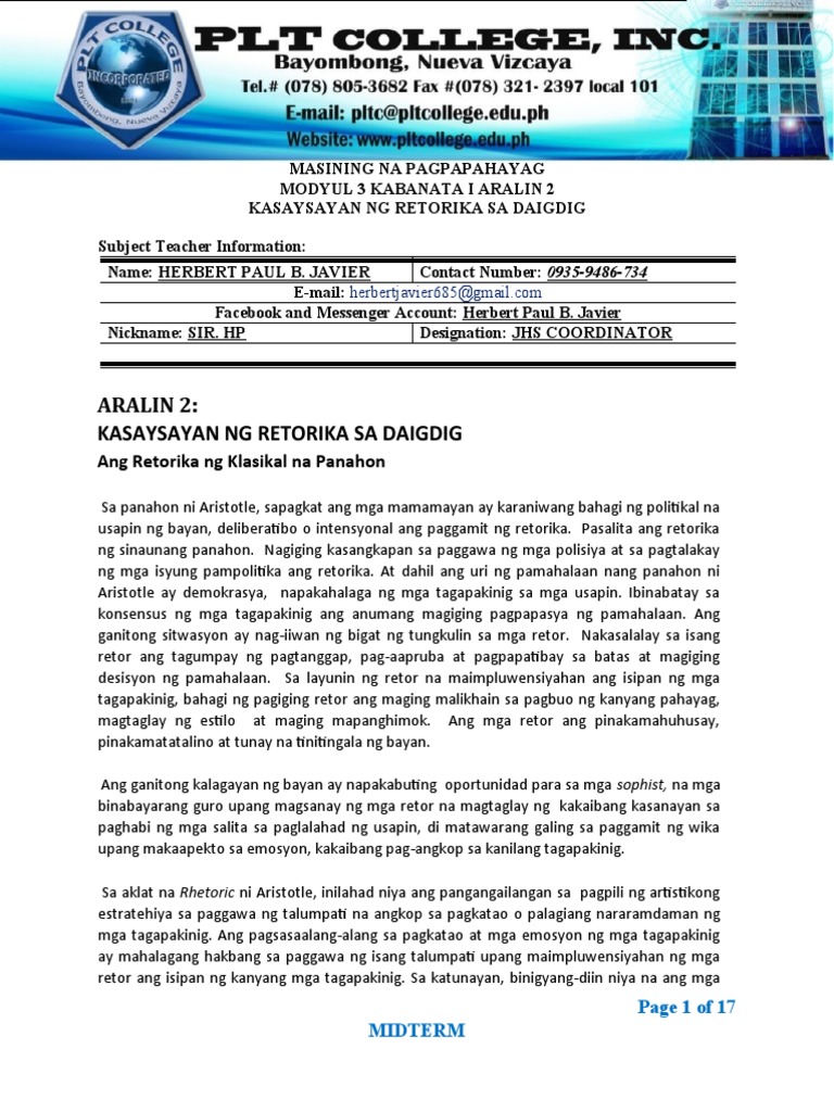 Modyul 3 Aralin 2 Kabanata1 Masining Na Pagpapahayag | PDF