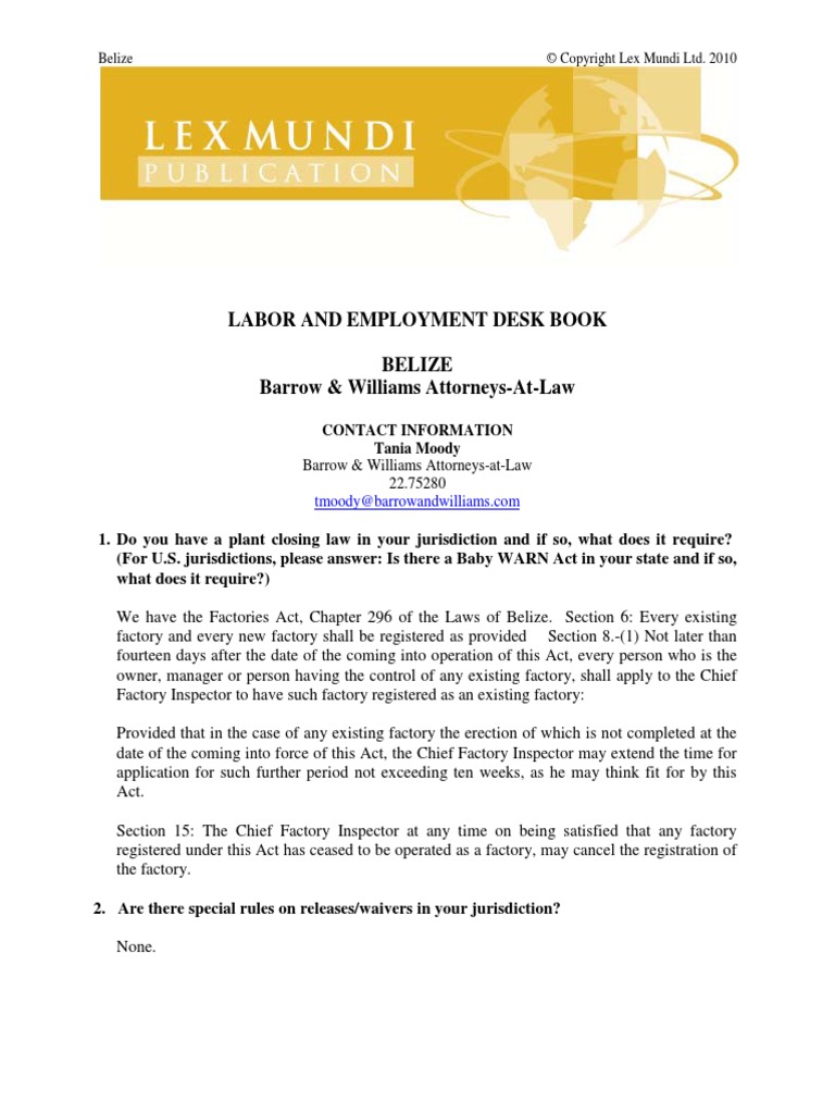 Labor and Employment Desk Book Belize Barrow & Williams Attorneys-At ...