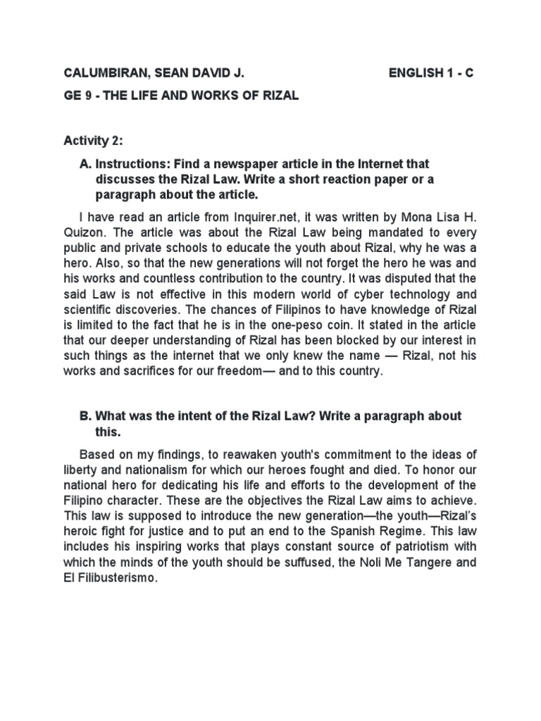 GE 9 RIZAL Activity 2 | PDF