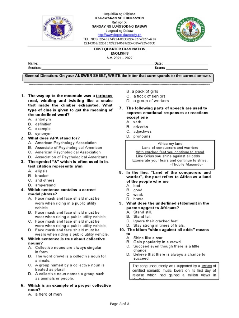 General Direction: On Your ANSWER SHEET, WRITE The Letter That ...