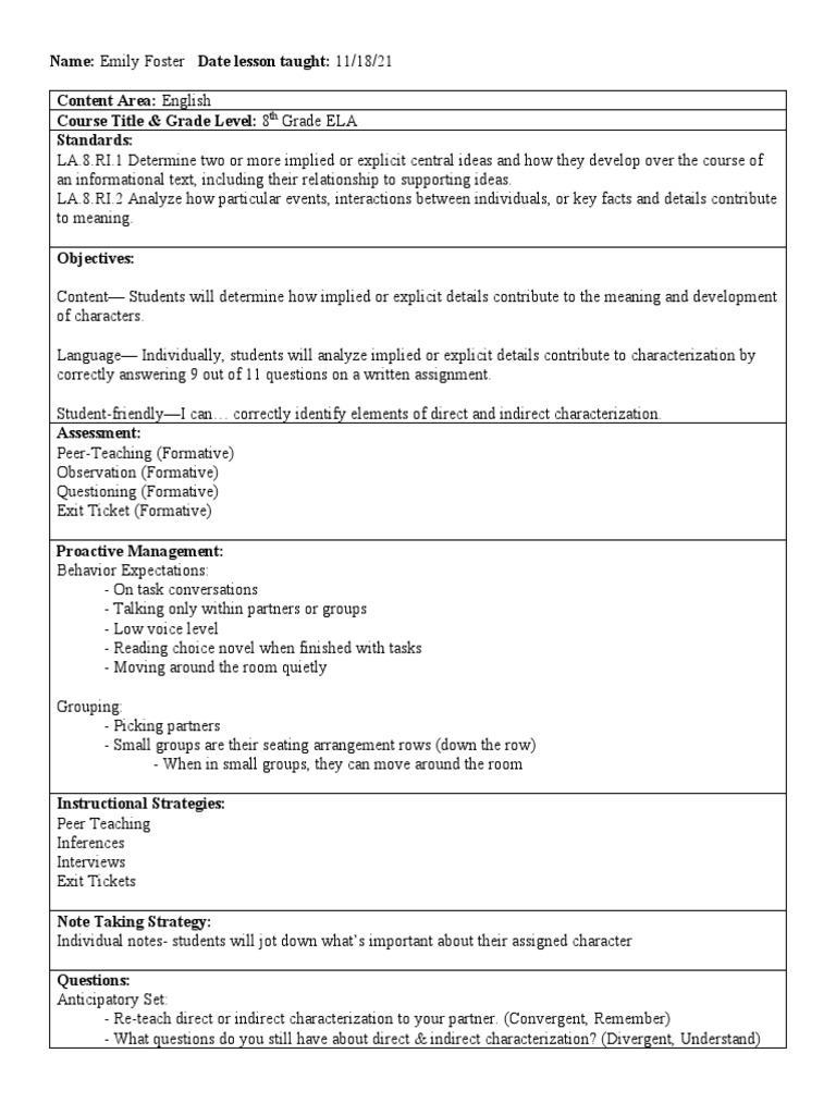 8th Grade ELA: Characterization Lesson | PDF | Lesson Plan | Learning