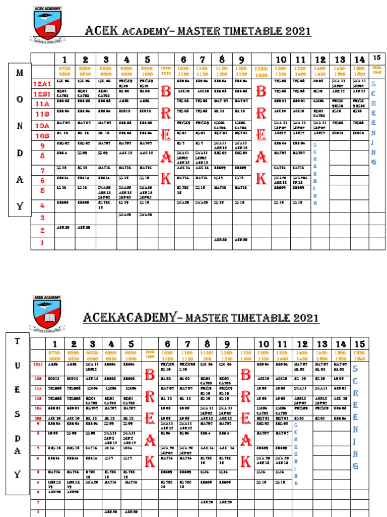B R E A K B R E A K: - Master Timetable 2021 | PDF
