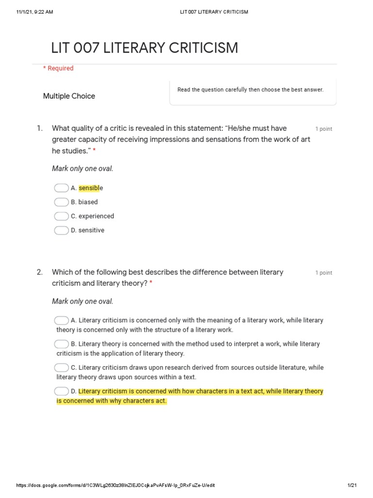 Lit 007 Literary Criticism: Multiple Choice | PDF | Narration | Comedy