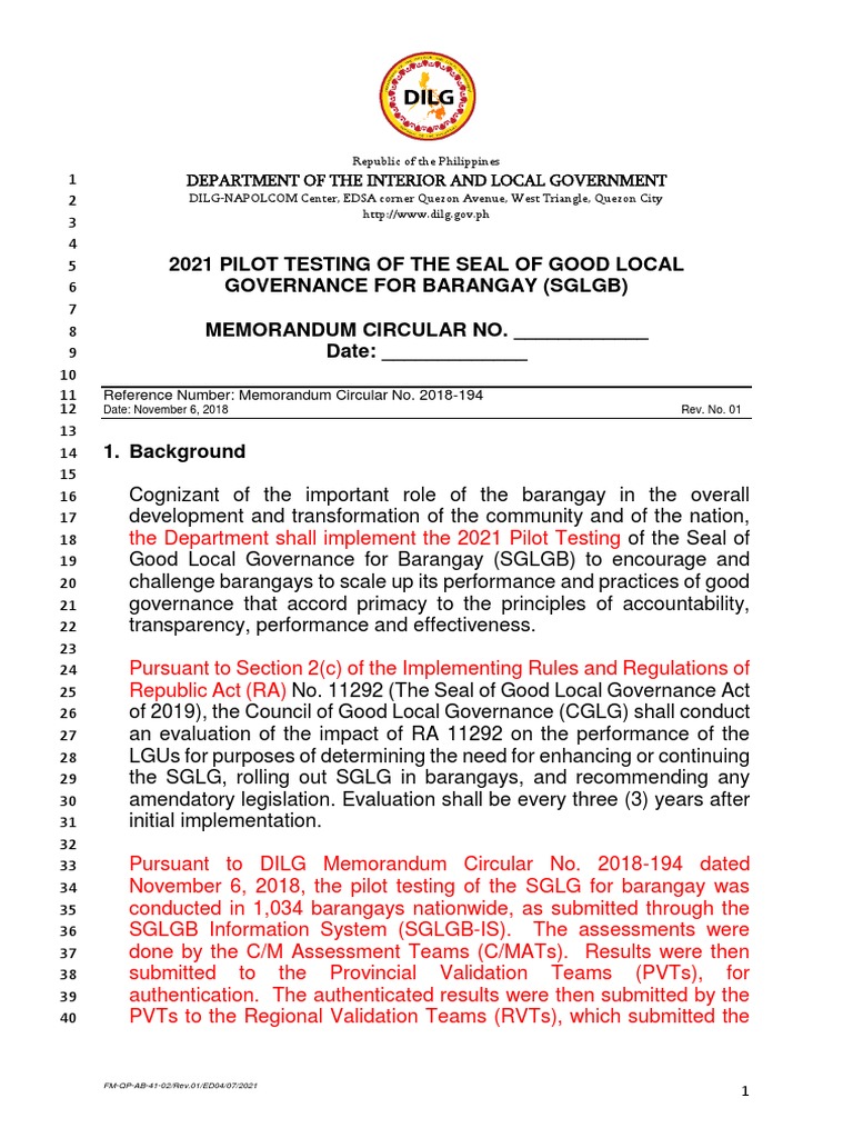 2021 Pilot Testing of The Seal of Good Local Governance For Barangay ...