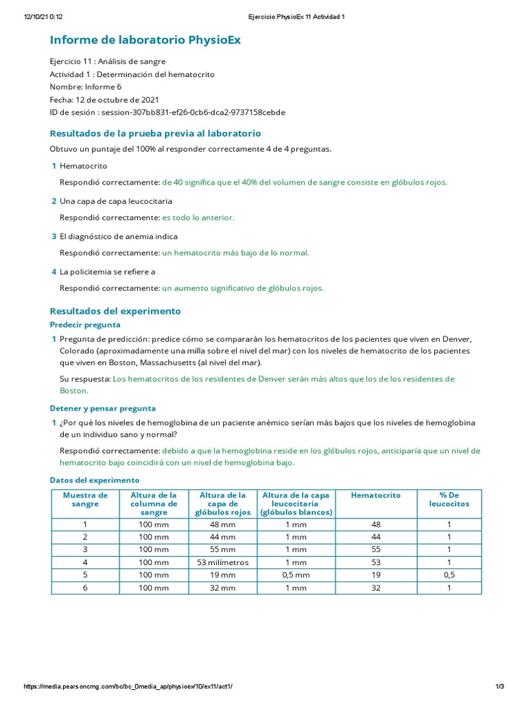 Ejercicio PhysioEx 11 Actividad 1 | PDF | Sangre | Anemia