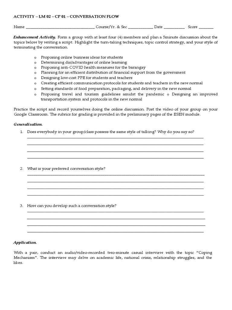 Enhancement Activity. Form A Group With at Least Four (4) Members and ...