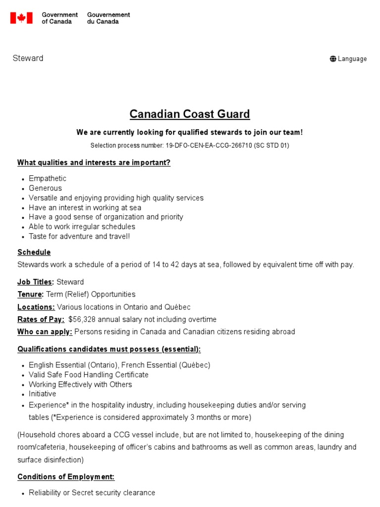 Canadian Coast Guard: Steward | PDF | Canada | Employment