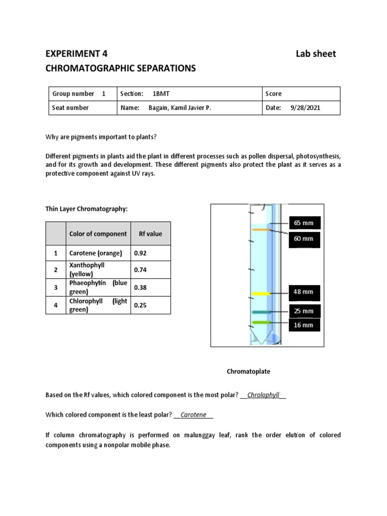 Experiment 4 Lab Sheet Chromatographic Separations: Thin Layer ...